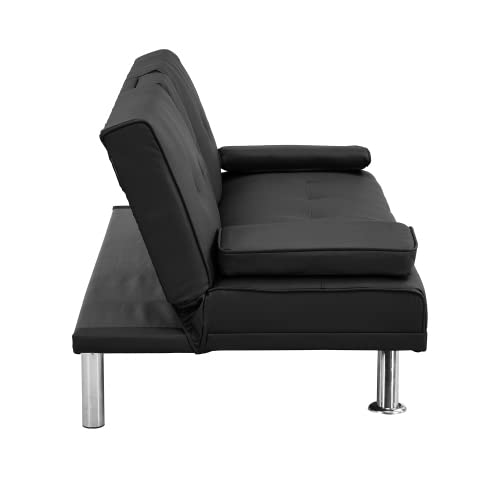 Anwickmak Futon Sofa Bed, Modern Convertible Armrests Sleeper Couch with 2 Cup Holders,loveseat,for Studio,Apartment,Office,Living Room,66.1”x 31.7”x 28.3” (Black)