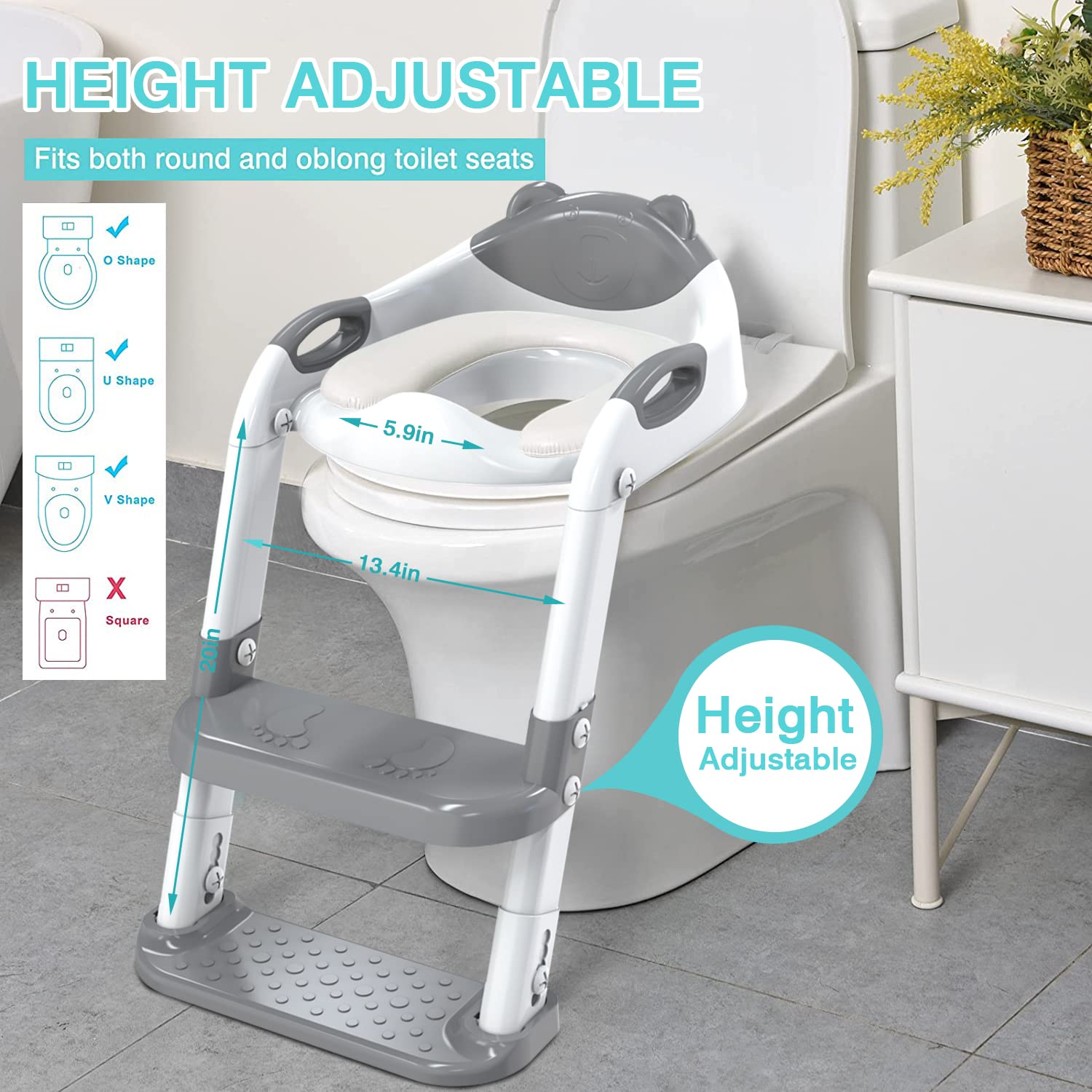 711TEK Potty Training Seat with Double Step Stool Ladder - 2022 Upgraded Version Potty Training Toilet, More Slip Resistant and Stable(Bear-Grey)