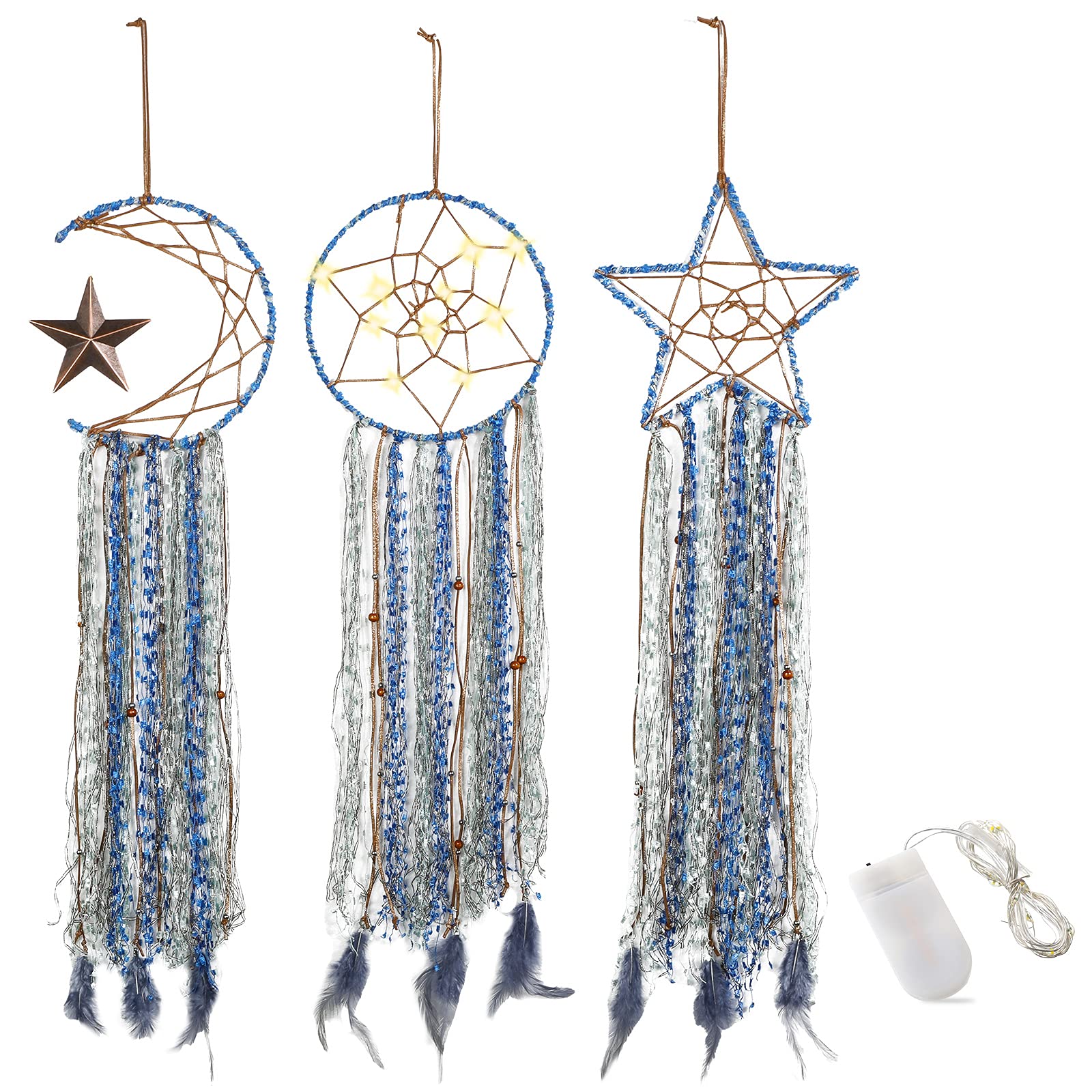 3 Pieces Dream Catcher Moon Sun Star Blue Design Handmade Modern Dreamcatcher with 3 LED String Lights for Bedroom Hanging Wall Home Decoration Ornament Festival Present