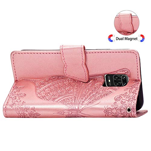 MRSTERUS Leather Case Redmi Note 9S Case Embossed Butterfly Premium PU Leather Folio Magnetic Stand Shockproof Wallet Case Cover with Card Slots for Redmi Note 9 Pro Butterfly Rose Gold SDB