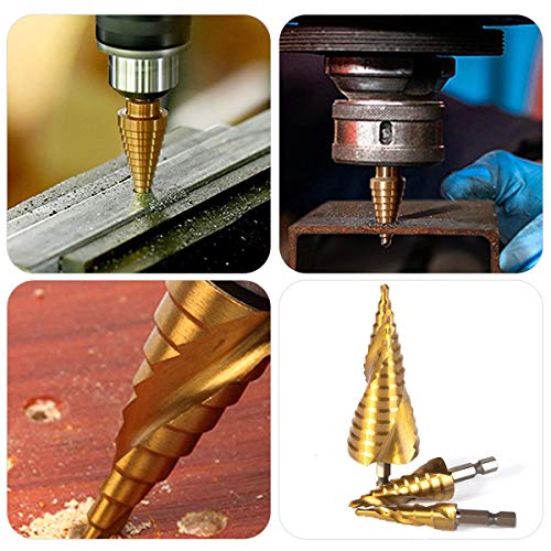 3Pcs HSS Step Drill Bit Set, 1/4" Hex Shank Spiral Groove High Speed Steel Titanium Coated Cone Hole Cutter Bit for Drilling Plate Aluminum Metal Wood Hole (4-12mm/4-20mm/4-32mm)