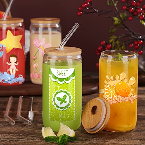 4 Pack Drinking Glasses, EFOBO 16 oz Beer Can Glass with Bamboo Lids, Straws and Cleaning Brushes, Can Shaped Tumbler Cup for Water, Ice Soda, Tea, Iced Coffee Glasses, Gifts