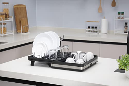 Alta by Auggie Chino Expandable Dish Drying Rack with Drainage Spout, Stainless Steel, Movable Utensil Drainer, (Black)