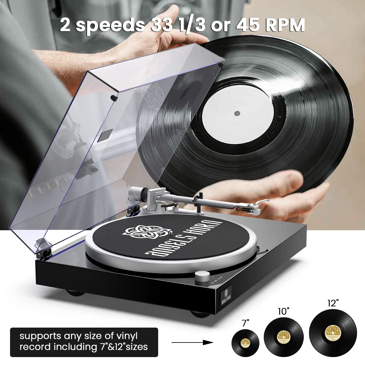 ANGELS HORN High Fidelity Vinyl Record Player, Bluetooth Turntable, 2 Speed Belt Drive, Built-in Preamp, Adjustable Counterweight,Magnetic Cartridge, Upgraded Version