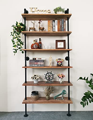 Anynice 6 Tier Industrial Ladder Pipe Shelf Bookcase, Rustic Wall Mounted Pipe Bookshelves for Decor and Storage