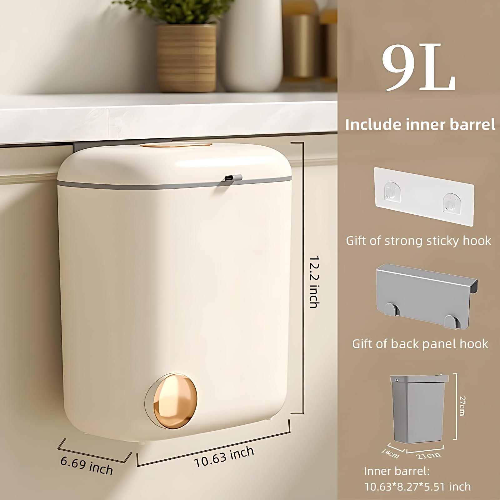 AIWE7D 9L/2.4 Gallon Hanging Trash Can for Kitchen Cabinet Door with Slide Lid Portable Hang Trash Bin Garbage Can for Bathroom with Sticky Hook ABS