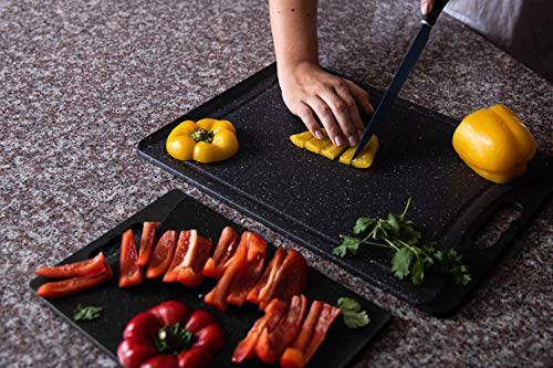 CHEF GRIDS Durable Plastic Cutting Board Set, Chopping Board Thick Plastic, for Vegetable Meat or Cheese with Non-Slip Feet and Handles with Juice Groove (Black)