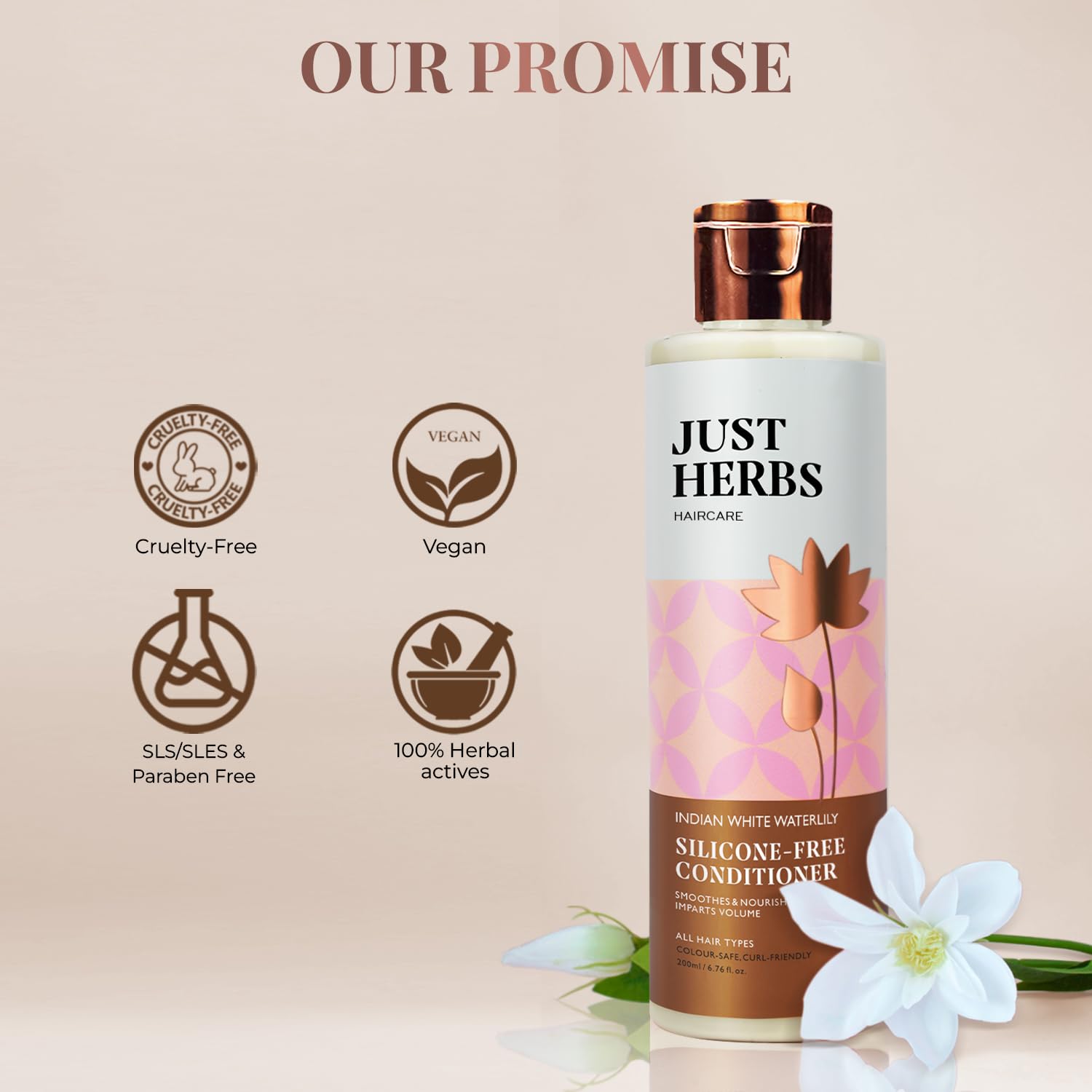 Just Herbs Organic Kumuda Hair Conditioner with White Water Lily & Gotu Kola For Hairfall & Hair Thinning, Silicon & Sulfate Free Conditioner - 6.8 fl.oz.