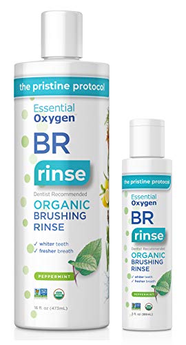 Essential Oxygen BR Certified Organic Brushing Rinse, All Natural Mouthwash for Whiter Teeth, Fresher Breath, and Happier Gums, Alcohol-Free Oral Care, Peppermint, 2 Piece Set, 16 Oz