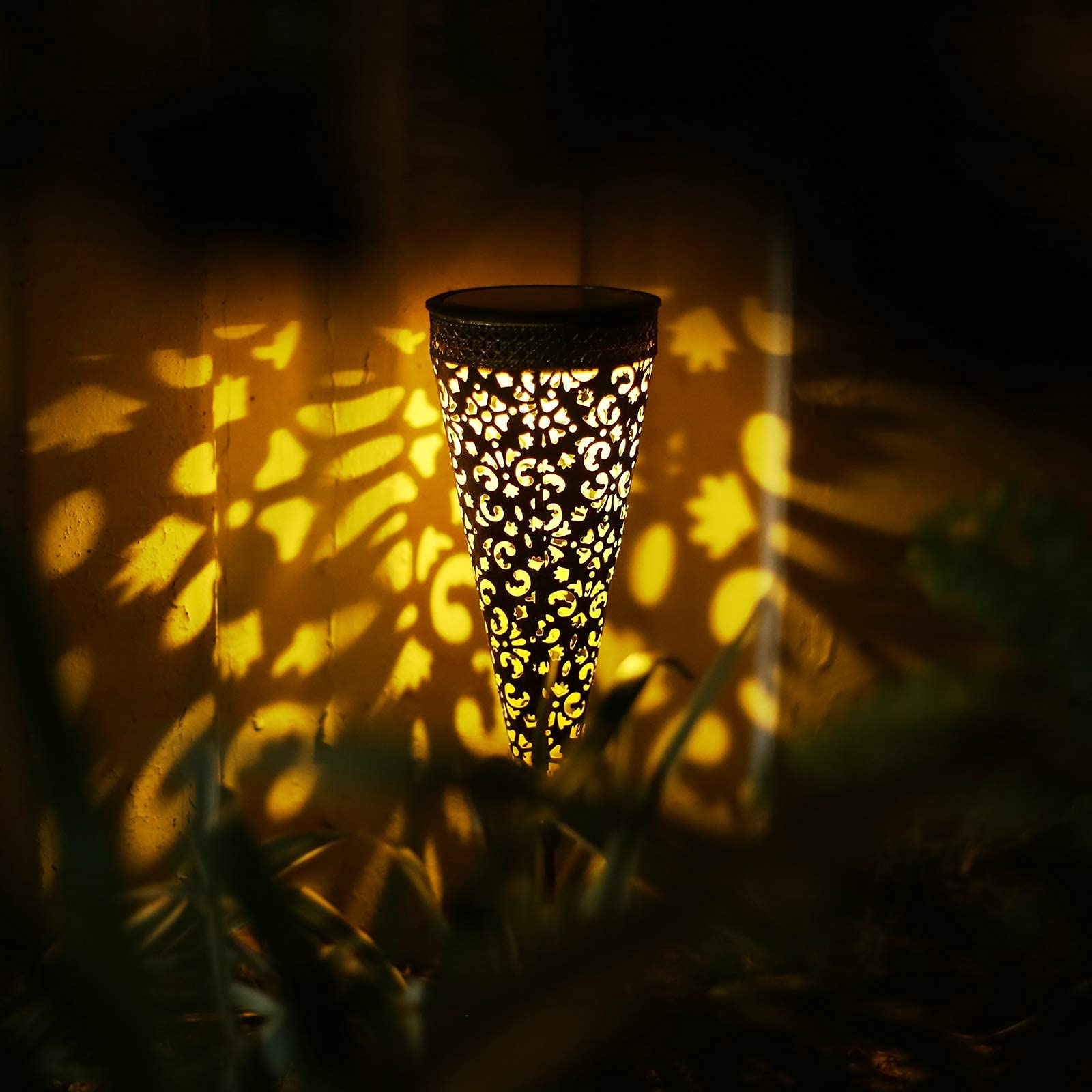 ANGMLN 2 Pack Christmas Decorations, Outdoor Lights Clearance Garden Solar Pathway Lights - Waterproof Decorative Metal Stake Lights with Lacy Cone Pattern for Walkway Yard Steps Patio Lawn