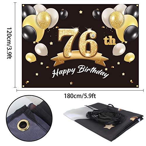 PAKBOOM Happy 76th Birthday Banner Backdrop - 76 Birthday Party Decorations Supplies for Men - Black Gold 4 x 6ft