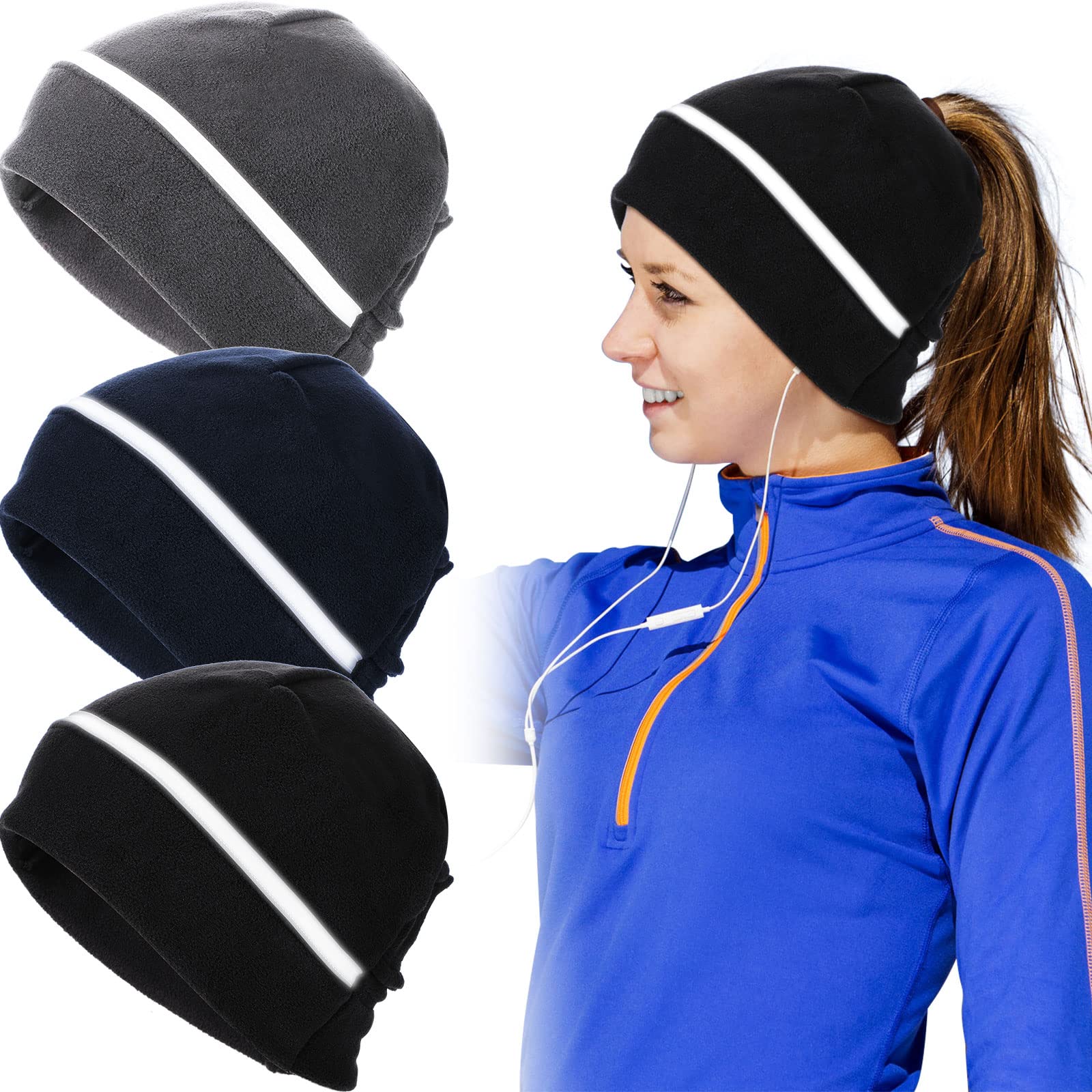 3 Pieces Reflective Fleece Running Ponytail Hat Women Safety Beanie with Ear Covers Cold Weather Skull Cap (Black, Dark Grey, Navy Blue)