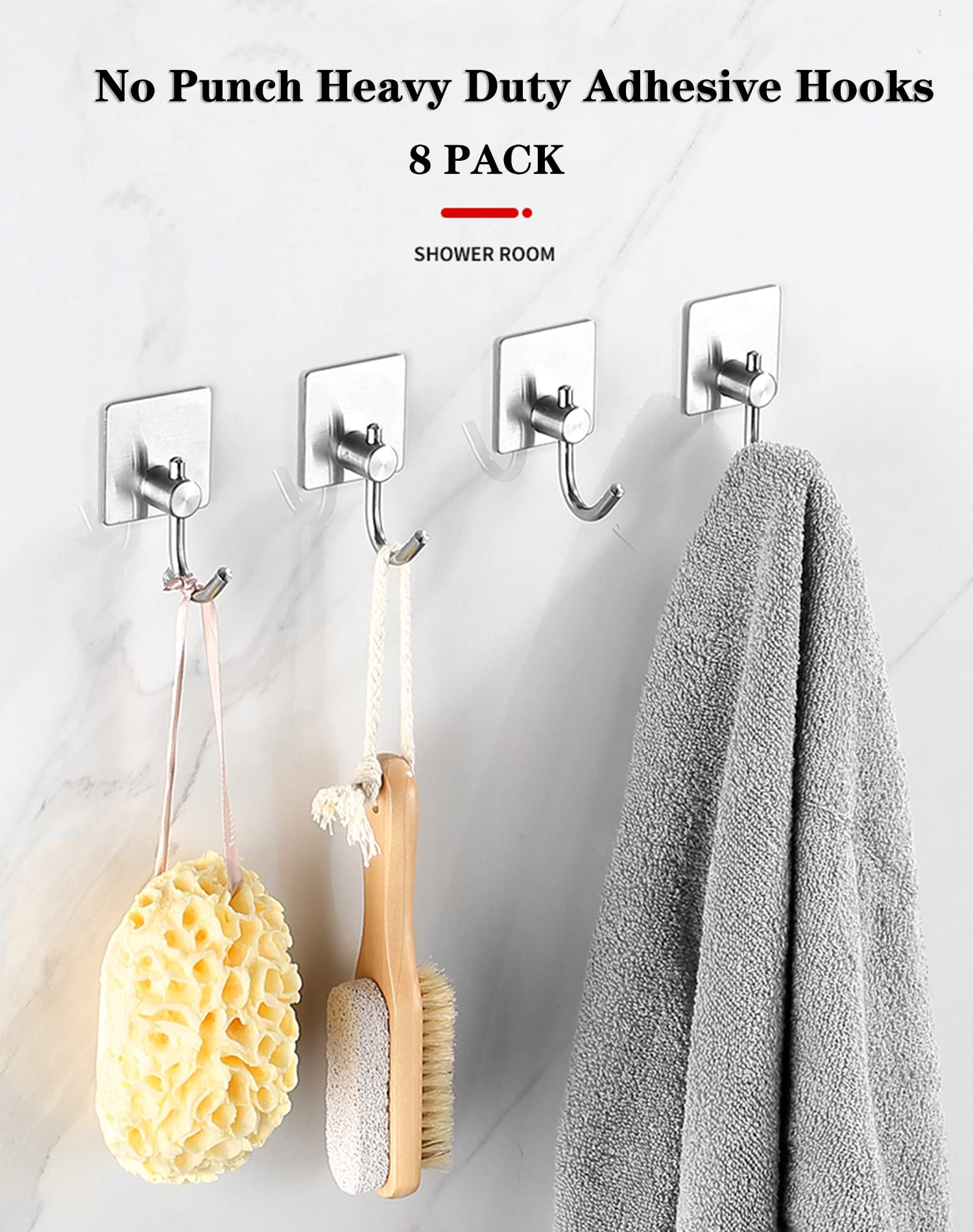 8 Pack Adhesive Hooks Heavy Duty Stainless Steel Black Wall Hooks Sticky Holder Waterproof Aluminum Towel Hooks for Hanging Coat Hat Key Clothes Closet Hook Wall Mount for Kitchen Bathroom Office