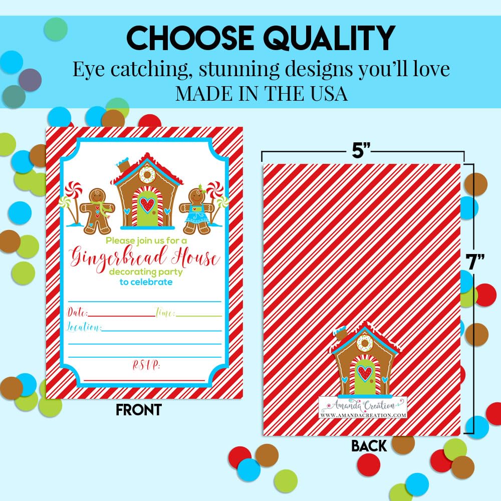 Amanda Creation Christmas Invitations with Envelopes β Gingerbread House Decorating, 20 Pack 5x7 Double Sided Fill-In Invite Cards with Twenty White Envelopes Perfect for Christmas Birthday Parties