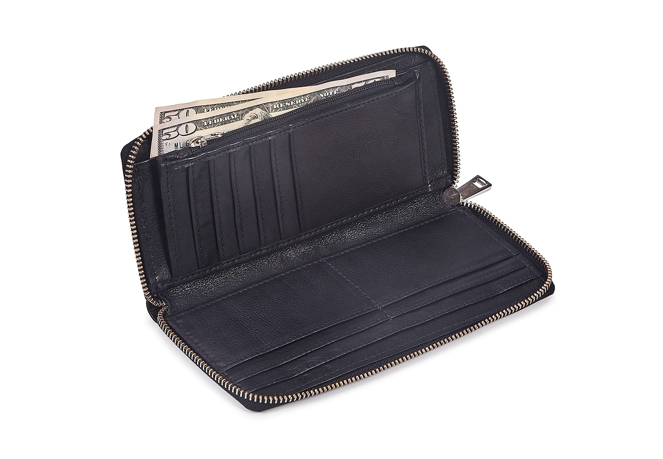 Zinda Genuine Leathers Women’s Wallet Zip Around Long Purse RFID Protection (Black)