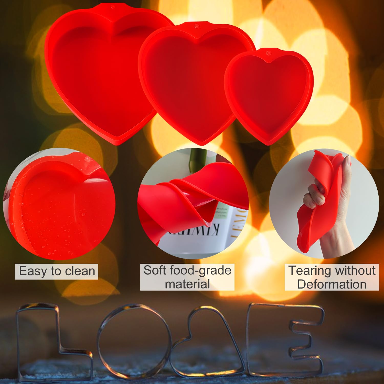 3 Pcs Cake Silicone Molds,Heart Shape Silicone Mold for Baking Homemade Dining,Reusable Silicone Fondant Mold Rainbow Mousse Cake Molds Cake Pan Air fryer Silicone Liners(8 In&6In&4In)