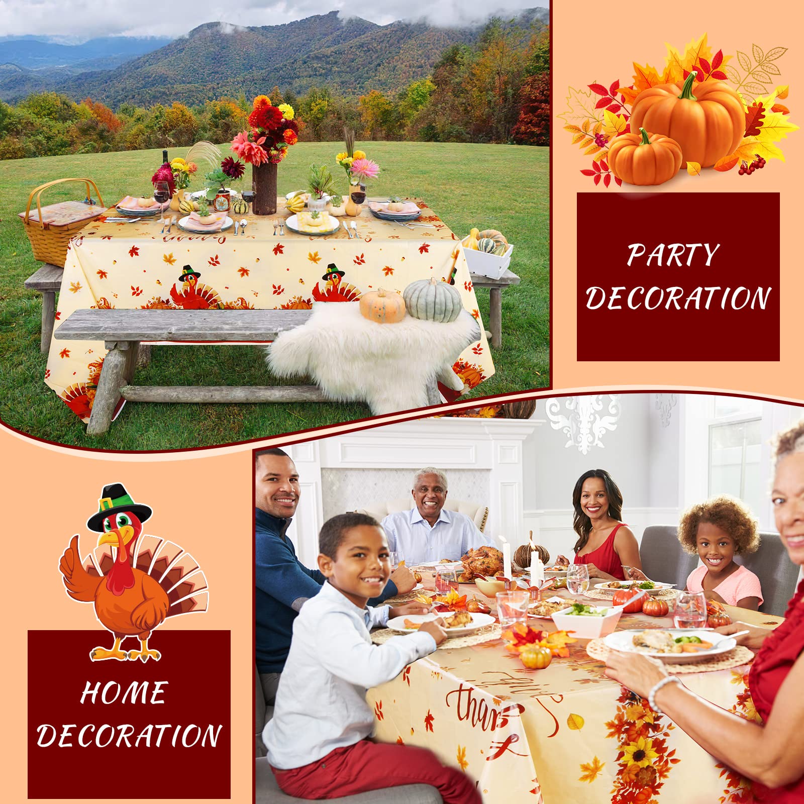 Piklodo 6Pcs Thanksgiving Tablecloth Plastic Fall Table Cover Turkey Disposable Give Thanks Table Cloth Harvest Rectangle Tablecover for Thanksgiving Harvest Party Picnic Table Decor, 54 x 108 Inch