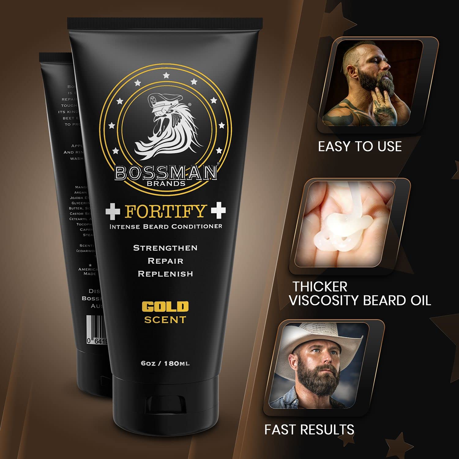Bossman Fortify Intense Beard Conditioner - Shower Beard Wash, Moisturizer and Beard Softener for Men - Beard Growth Products - Made in USA (Gold Scent), 6 oz