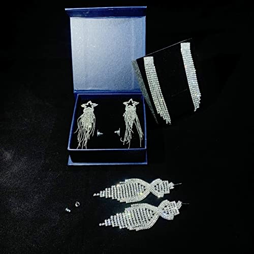 3 Pairs Crystals dangle earring,Star ear stud pave crystal,Silver teardrop crystal long tassels dangle Boho 925 Silver fringe Drop Long chandelier earrings