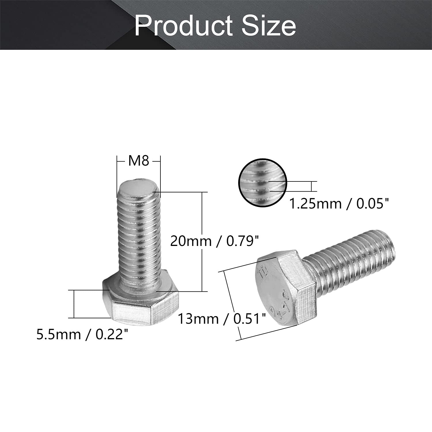 MroMax M8 Hex Bolt M8-1.25 x 20mm Hex Head Screw Bolts 316 Stainless Steel Fully Threaded Metric Hex Tap Bolts Silver 5Pcs