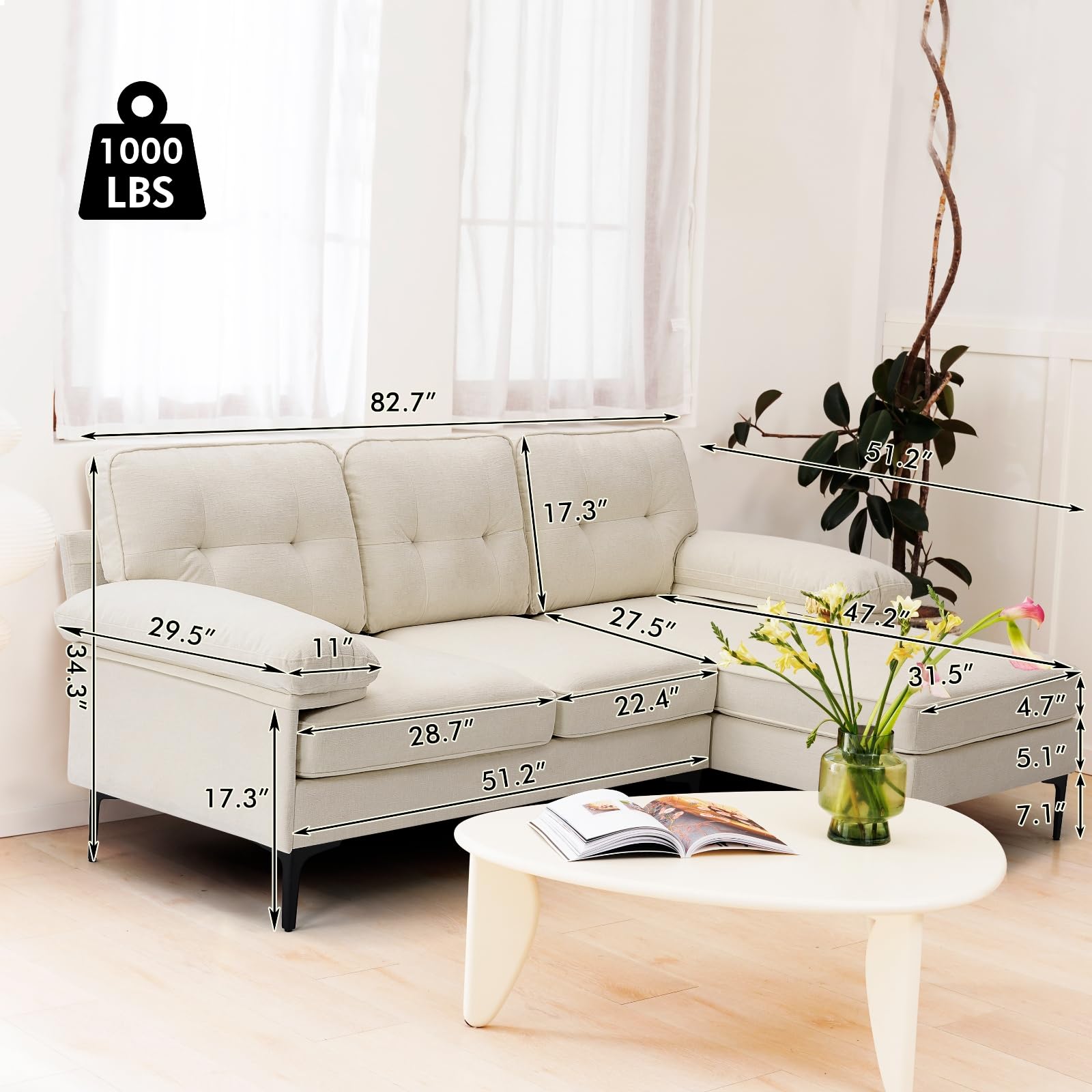AJABEST 83" Chenille L-Shaped Modular Sofa,Convertible Sectional Upholstered 3 Seater Small Cloud Couch for Living Room with Reversible Chaise Lounge,White