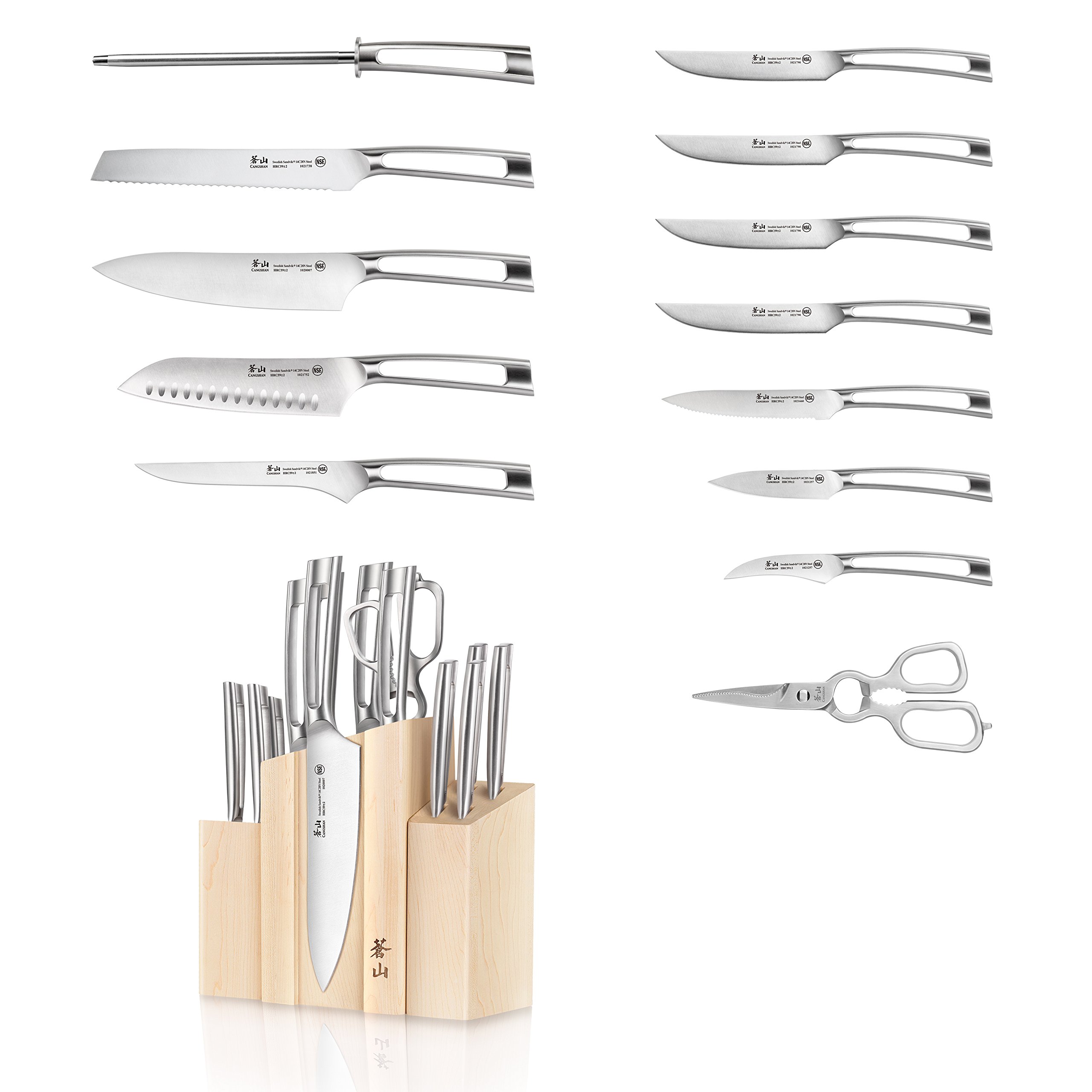 Cangshan TN1 Series 1021967 Swedish 14C28N Steel Forged 14-Piece DENALI Magnetic Knife Block Set, Maple