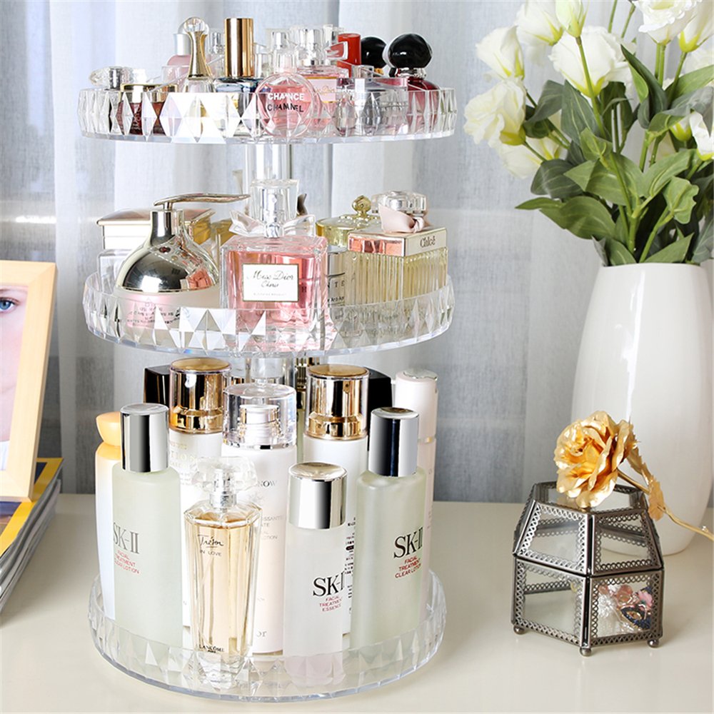 BOTIDE Diamond Pattern Three Layers Perfume Organizer, 360 Rotating Diamond Cosmetic Storage Box Transparent Acrylic Swivel Shelf Desktop Skin Care Product Dresser Finishing, Plus Size