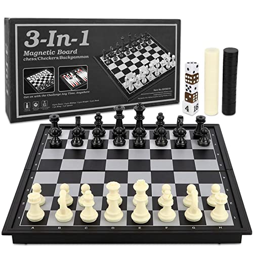 Aomola Travel Chess Set for Kids and Adults 3 in 1 Magnetic Chess Checkers Backgammon Folding Board Games Educational Toys with Storage Bag, 9.8" x 9.8"