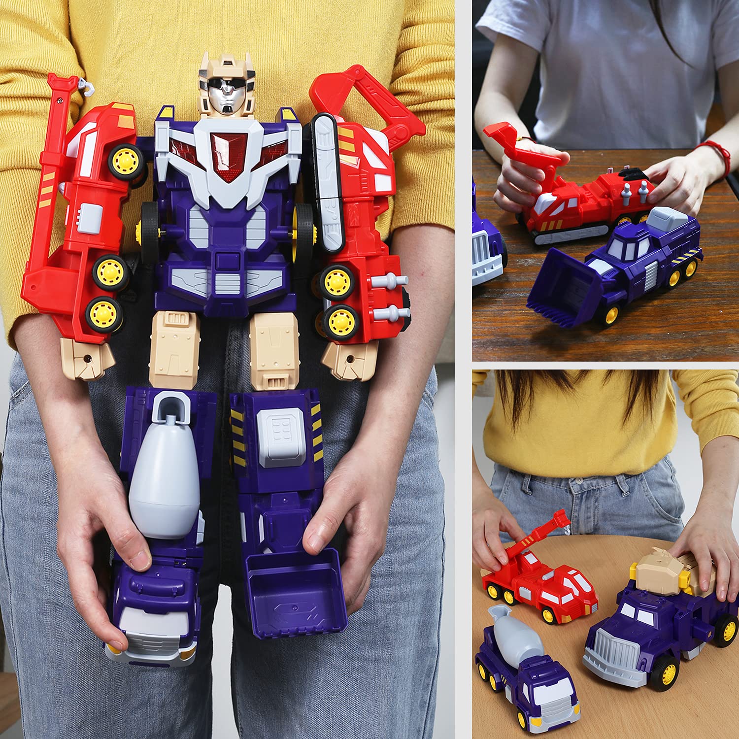 Bakatatoyz 5 in 1 Transform Robot Toy Car, Construction Toy for Boy Toddler Kid, 5 Pull Back Truck Assemble Into Robot Action Figure with Light & Sound, Magnetic Take Apart STEM Toys Birthday Gift