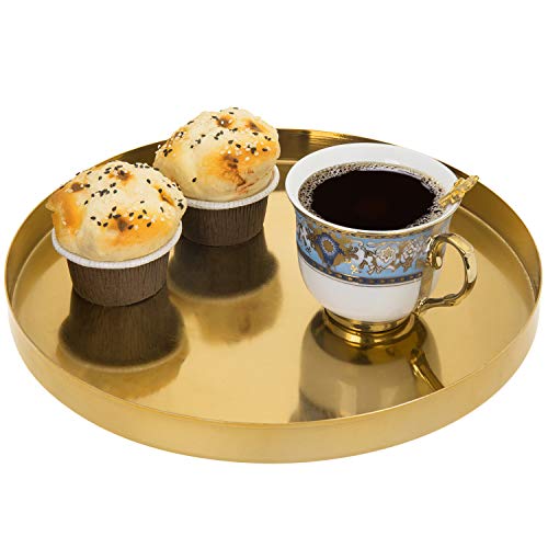 MyGift Brushed Brass Metal Decorative Tray, 11 inch Round Serving Tray - Handcrafted in India