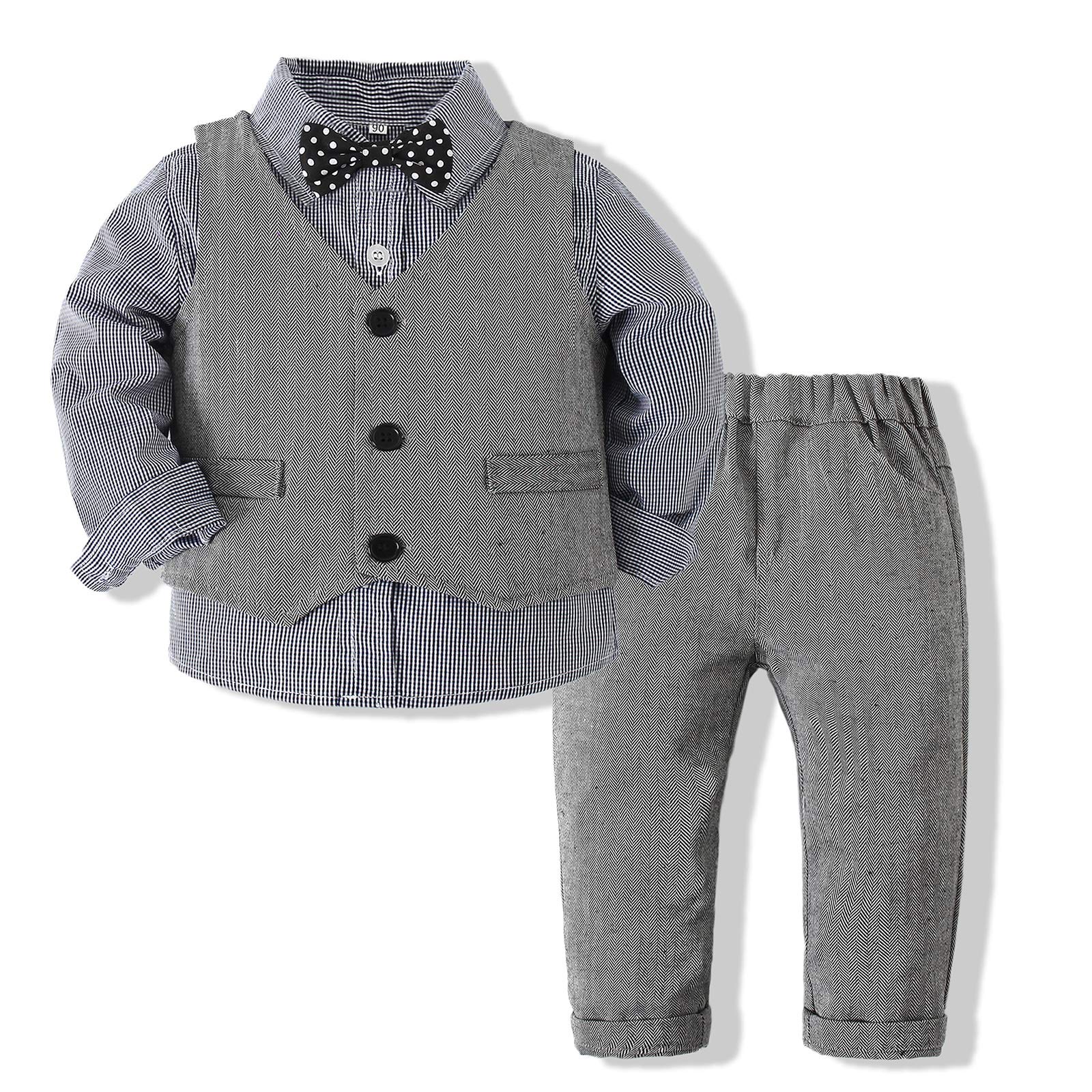 Xiangwu Textitle Baby Boy Gentleman Set with Dress Shirt+Bow Tie+Vest and Pants 3PC Set, Gray Plaid, 18-24 Months