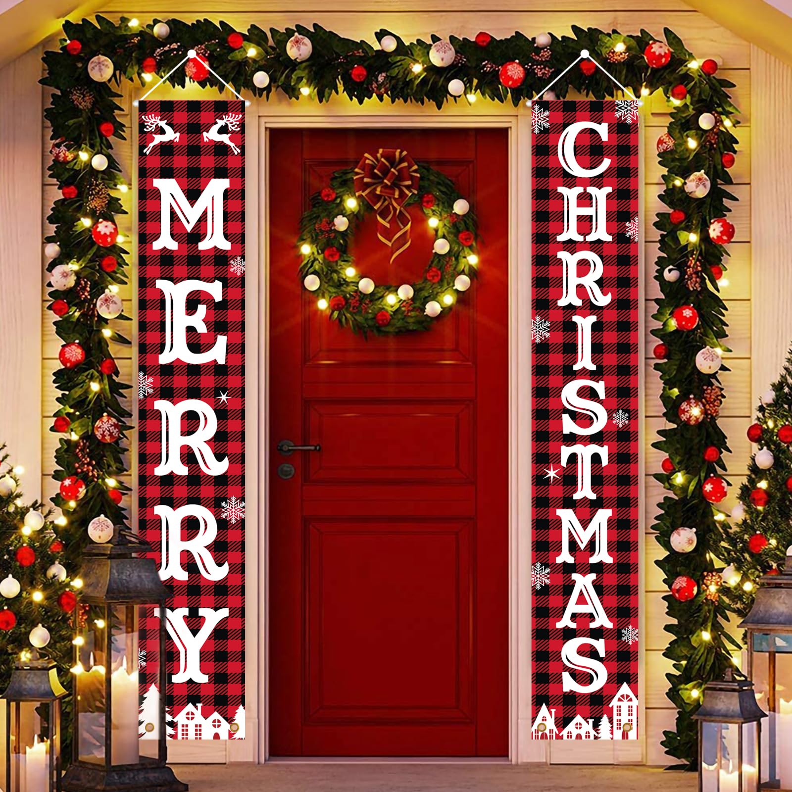 Christmas Decorations Outdoor Yard Porch Sign Set - Merry Christmas Door Banner Xmas Decorations, Red Buffalo Plaid Christmas Decor for Home,Outside,Garage Door Christmas Party Wall Decorations