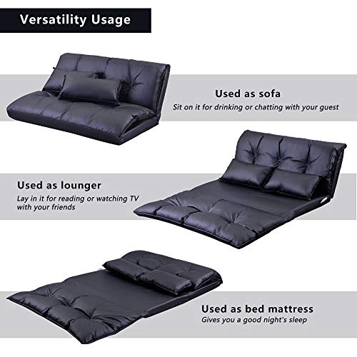 Adjustable Floor Sofa Bed with 2 Pillows , Folding Futon Couch Leisure Lazy Sofa with 5 Reclining Position, PU Floor Sofa for Reading or Gaming in Bedroom/Living Room/Balcony,Black