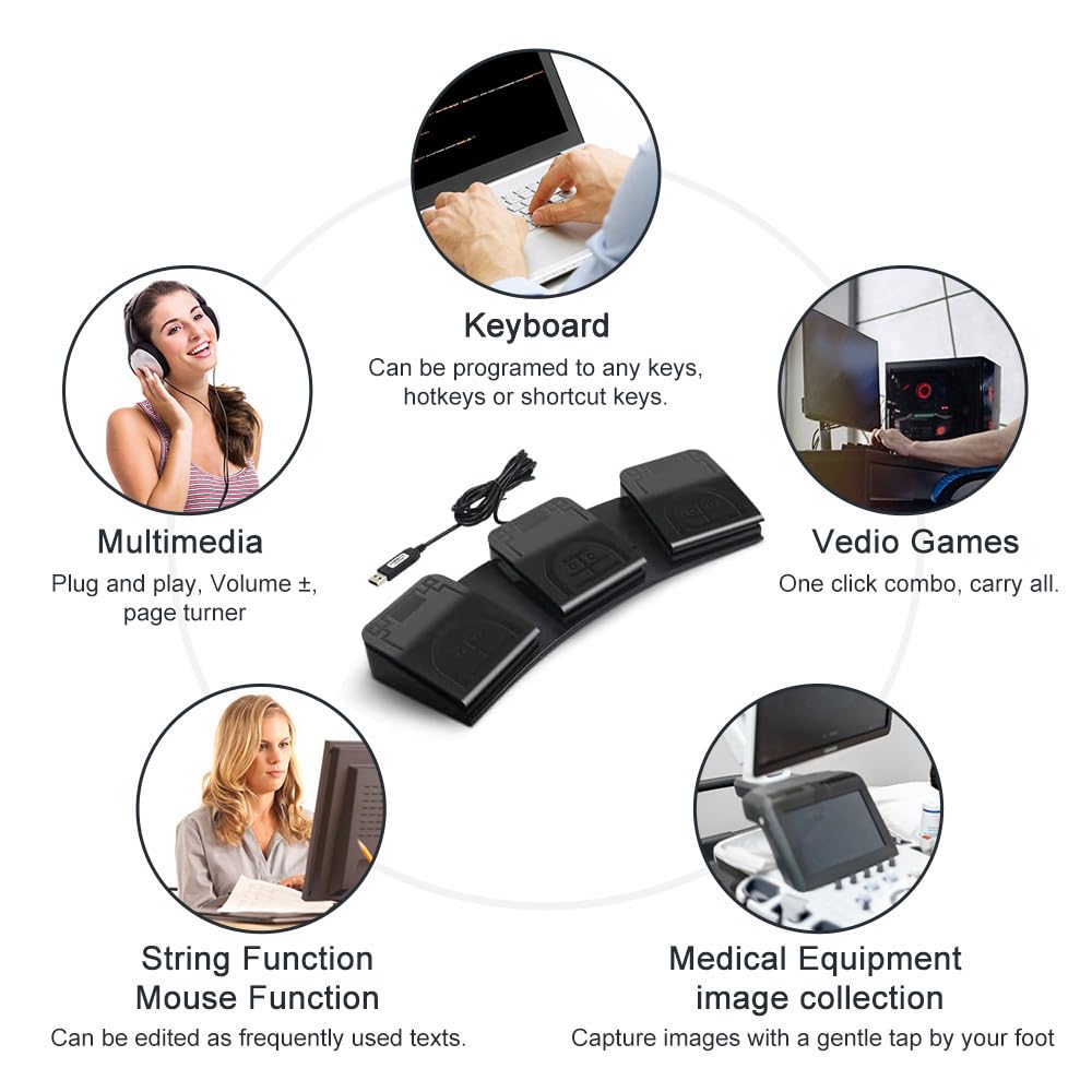 PCsensor USB Foot Pedal PC 3 Key Foot Pedal Customized Foot Switch Programmable Computer Keyboard Mouse for Video Game Control Office Work Sheet Music Page Turner Action Control HID (Photoelectric)