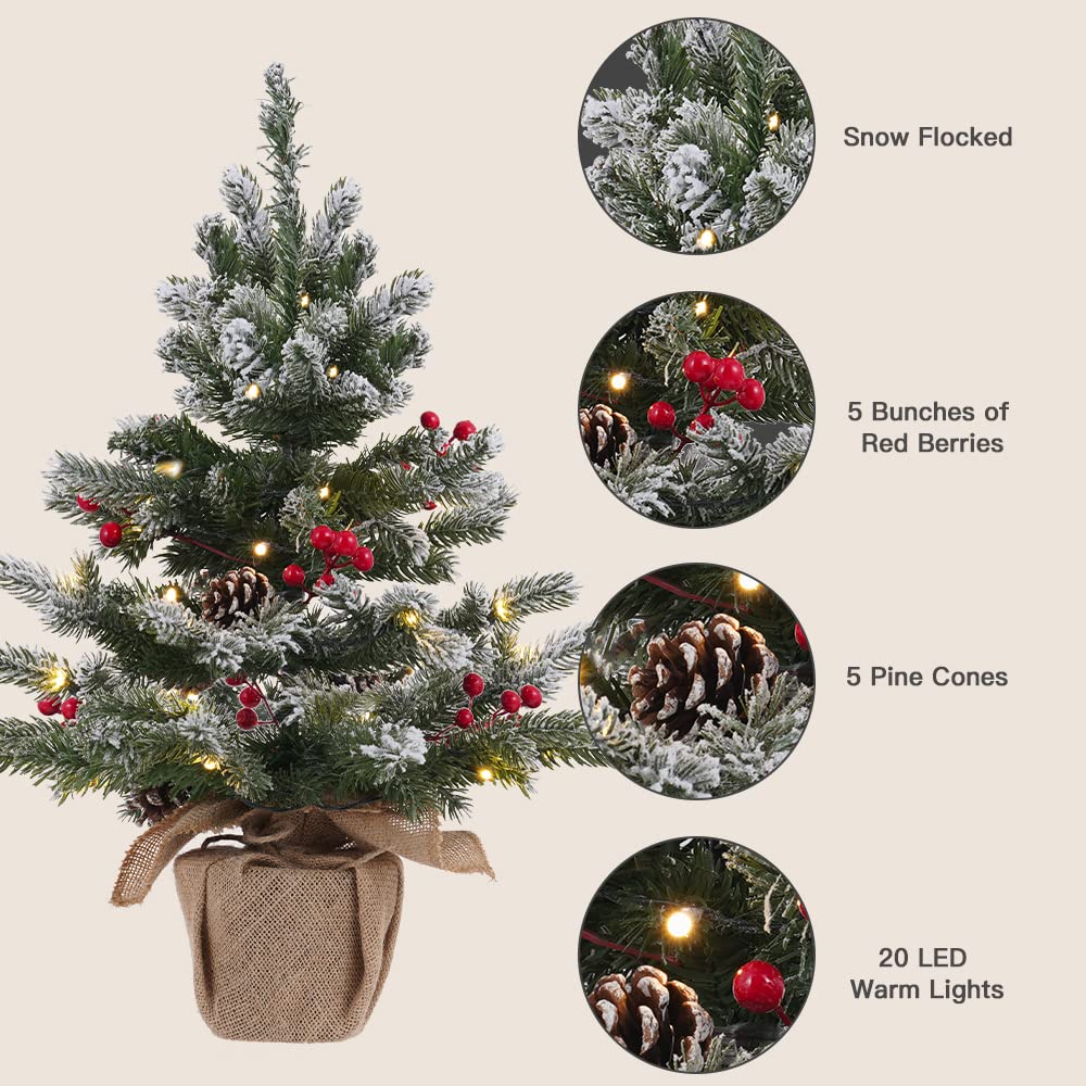 24 Inch 2 FT Pre-lit Snowy Mini Christmas Tree, DECSPAS Small Tabletop Flocked Christmas Tree with 20 LED Lights Red Berries Pine Cones and Cloth Bag Base Xmas Decorations for Holiday Party Home