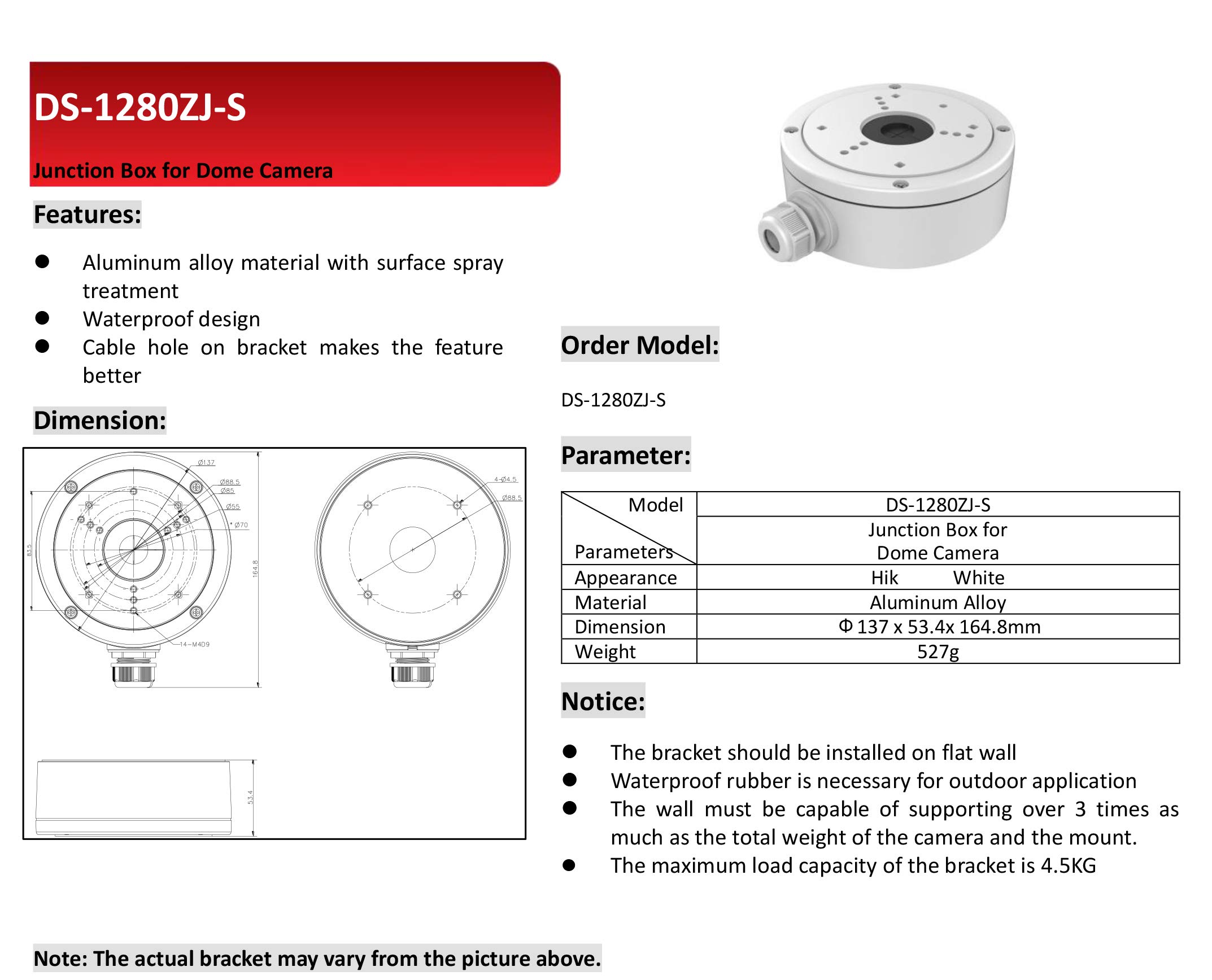 CBS DS-1280ZJ-S Junction Box for Hikvision Dome Camera Compatible with: AIPC524-SL, DS-2CD2646G1-IZ(S), DS-2CD2623G1-IZ(S), DS-2CD2663G1-IZ(S), DS-2CD2T46G1-4I/SL (White)