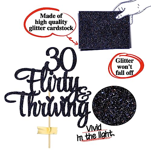 30 Flirty & Thriving Cake Topper, Cheers to 30 Years/Dirty 30, Happy 30th Birthday Anniversary Party Decorations Supplies, Black Glitter