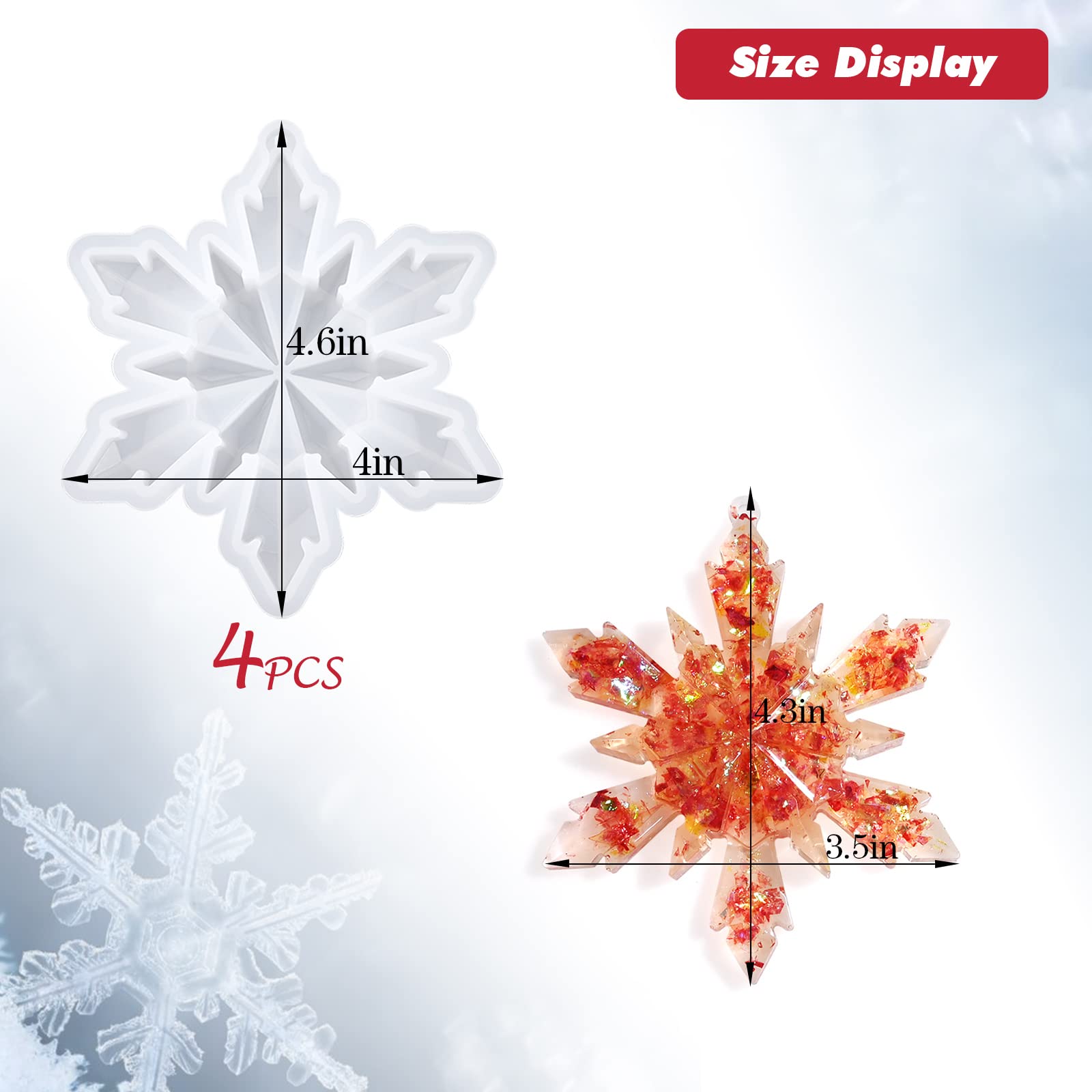 HUAKENER Christmas Resin Molds Silicone - 4 Pcs Big Snowflake Resin Mold, Christmas Ornament Resin Molds for Xmas Winter Decoration