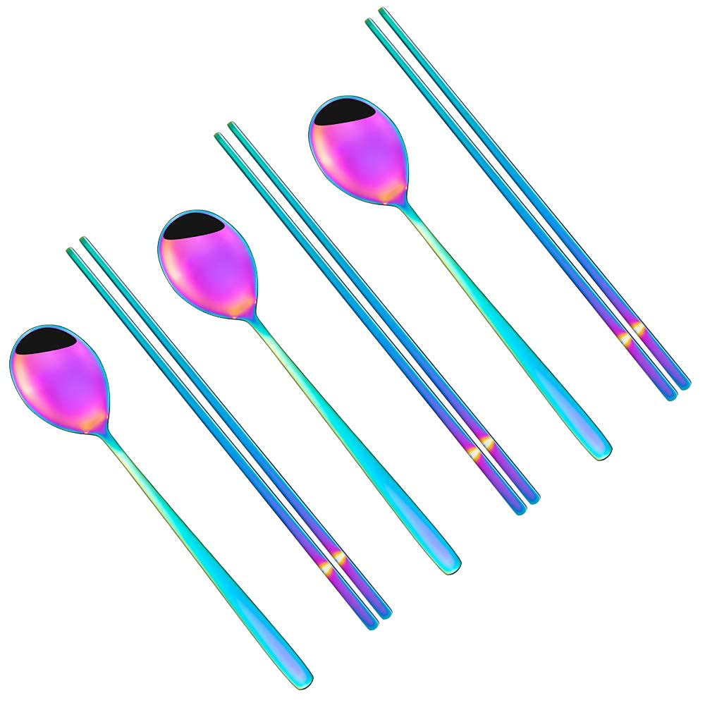 3 Pairs Rainbow Chopsticks and 3PCS Rainbow Spoons Set, Stainless Steel Chopstick and Spoon Perfect for Home and Kitchen