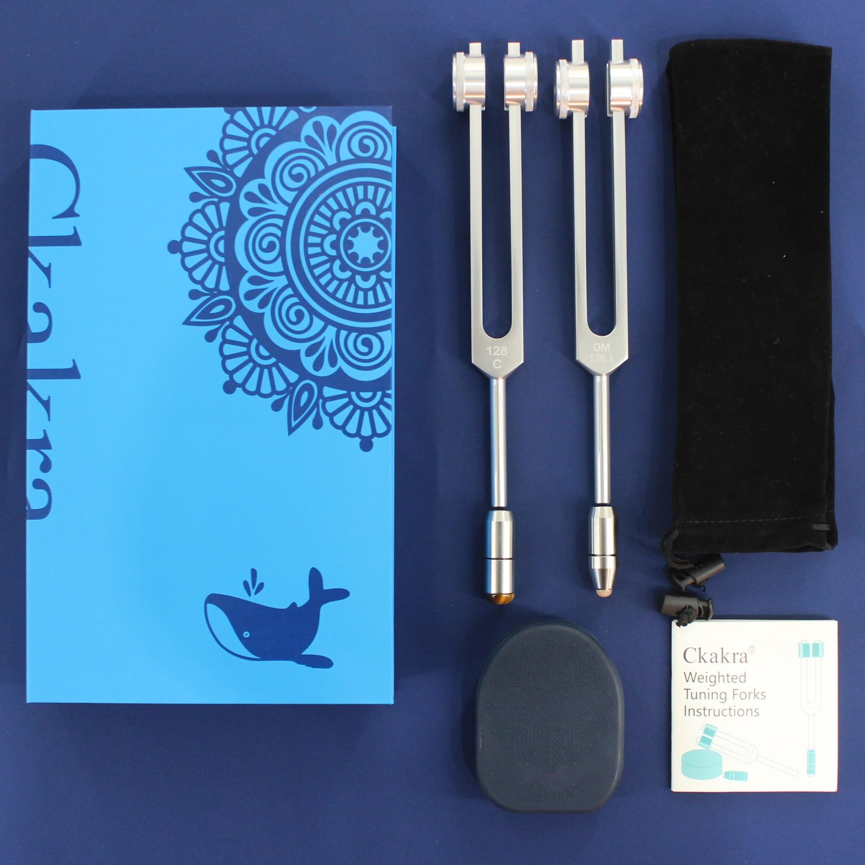 Ckakra Pack of 2 Weighted Tuning Forks with Natural Gemstone Trigger Point for Sound &Body Healing, OTTO128& OM136.1, Zen Tools,Odorless Silicone Activator