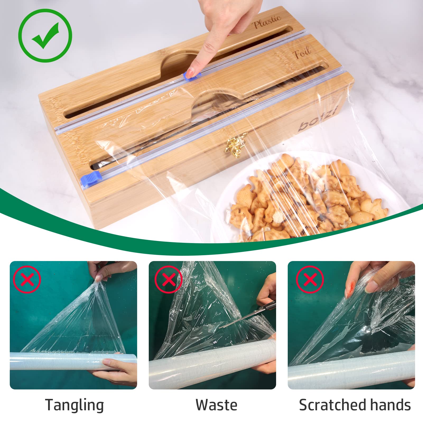 2 in 1 Food Wrap Organizer with Cutter, Bamboo Wrap Dispenser for Aluminum Foil, Wax Paper, Plastic Wrap, Wall Mounted or Kitchen Drawer Organization and Storage Holder,Max for 12" Roll