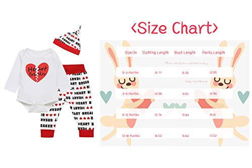 bakjuno Valentine's Day Baby Boys Girls Outfit Sets Heart Breaker Long Sleeve Romper Pants with Hat (0-3 Months) White