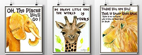 3 Safari nursery prints, Lion, Giraffe, Elephant.
