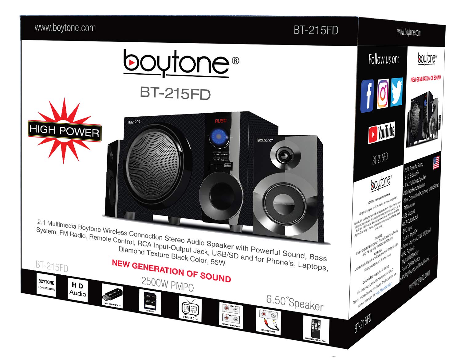Boytone BT-210FD, Ultra Wireless Bluetooth Main unit, Powerful Sound with Powerful Bass System 30 watt, Excellent Quality Clear Sound & FM radio, with Remote Control Aux Port, SB/SD/ for Smartphone's , Tablets , Desktop Computers , Laptops ,Black Color