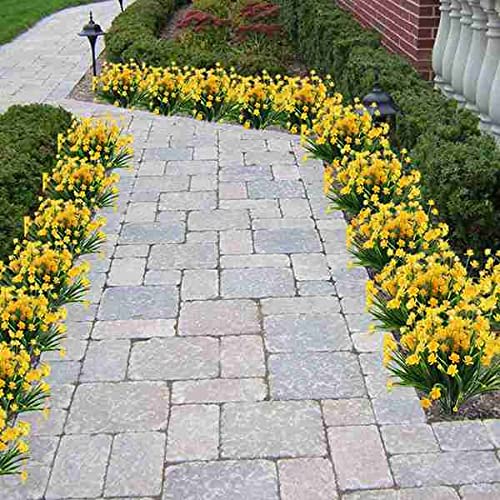 Lesix 8Pcs Artificial Flowers Outdoor UV Resistant Plants, Faux Plastic Greenery Shrubs Plants Indoor Outside Hanging Planter Kitchen Home Wedding Office Garden Decor Yellow