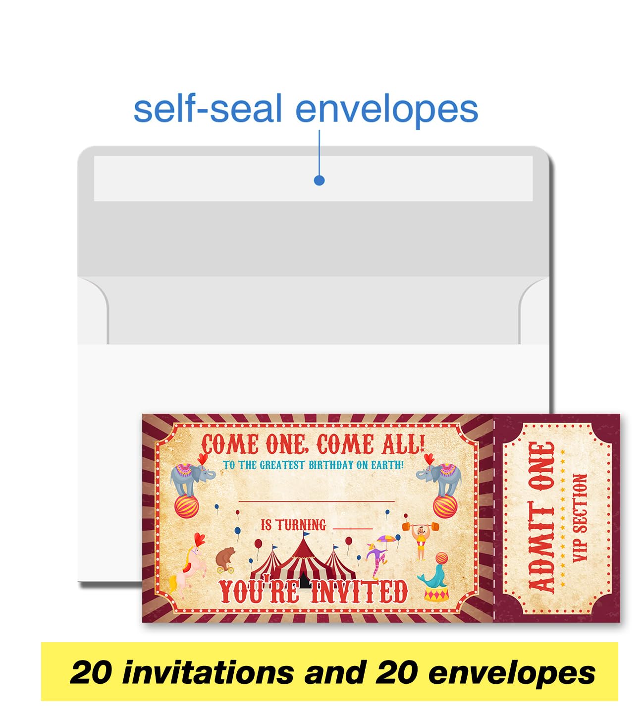 VAHATAN Carnival Birthday Party Invitations 20 Pack Come One Come All Circus Carnival Ticket Invitations with Envelopes Invites Cards for Birthday Party