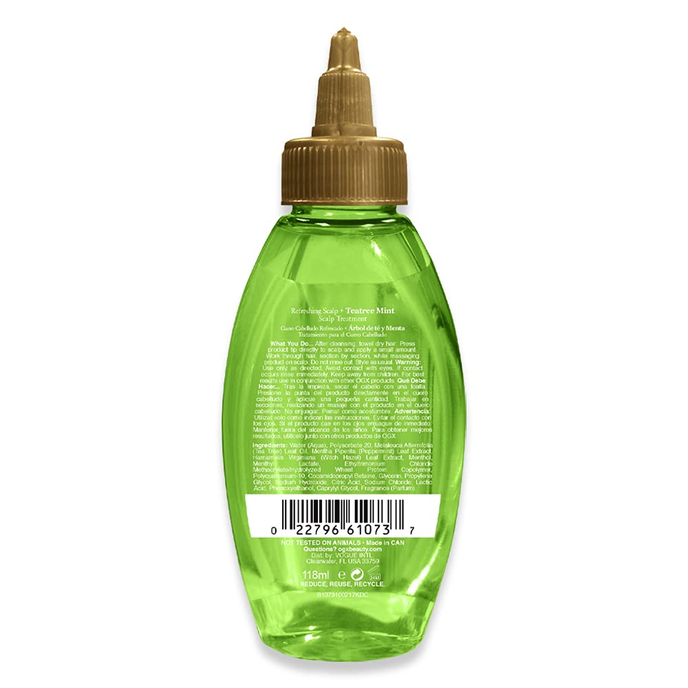 OGX Extra Strength Refreshing + Invigorating Teatree Mint Dry Scalp Treatment with Witch Hazel Astringent to Help Remove Scalp Buildup, Paraben-Free, Sulfate Surfactant-Free, 4 fl oz