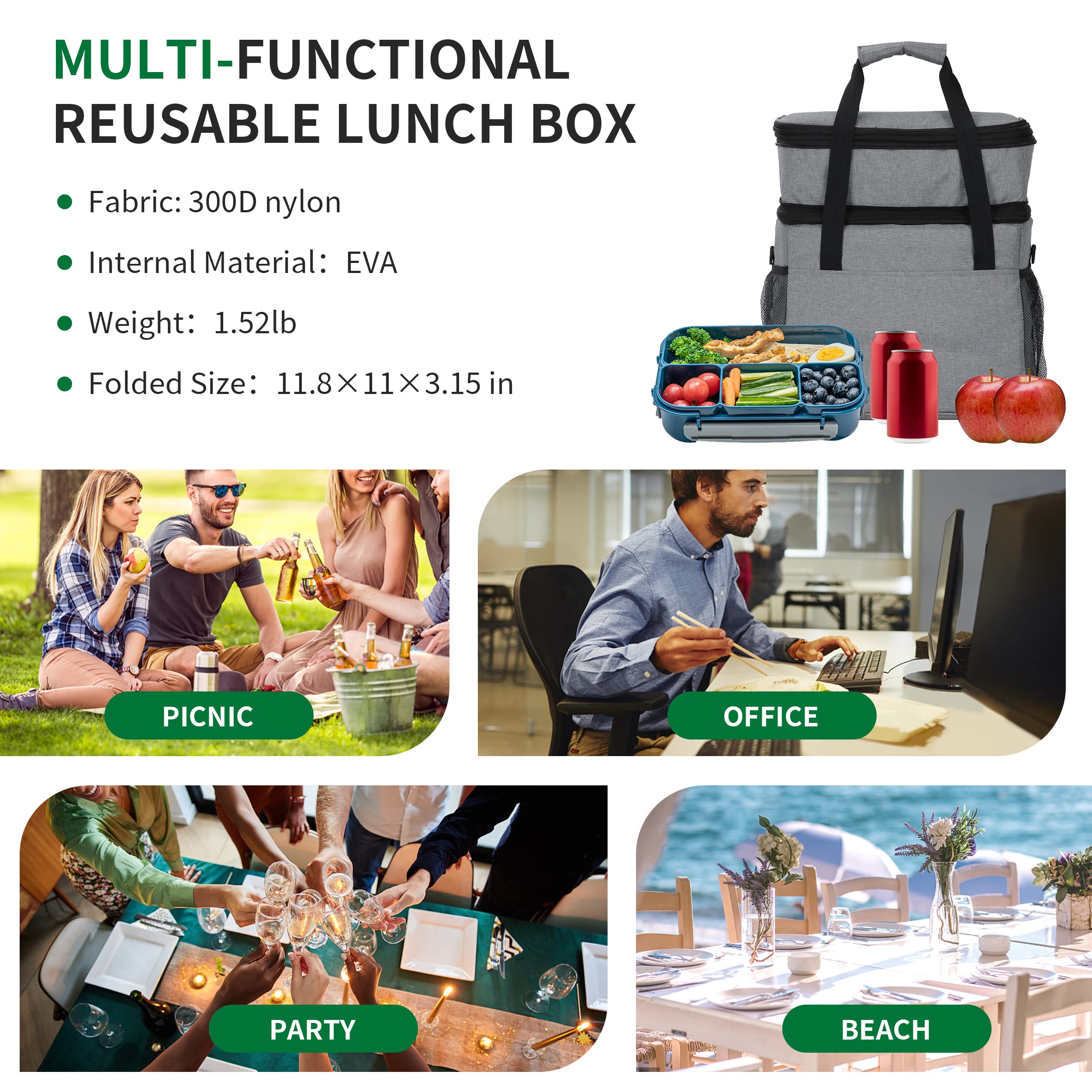45 Can Cooler Bag for Men Women,32L Large Expandable Double Deck Insulated Lunch Box,Leakproof Reusable Cooler Lunch Bag,Suit for Camping/Picnic/Road Trips,Grey