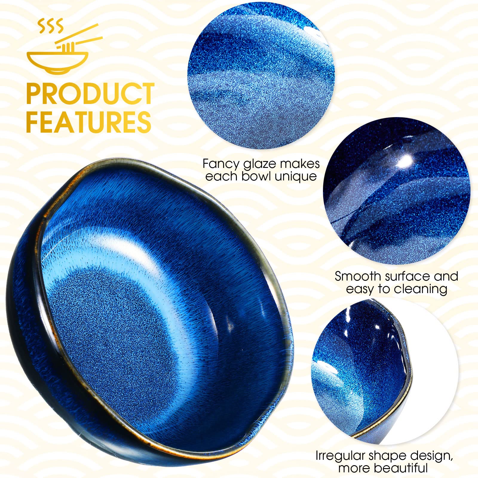 3 Pieces Ceramic Salad Bowls Ramen Bowls Blue Mixing Bowls Porcelain Serving Bowls Ceramic Microwave and Dishwasher Safe for Soup Pasta Noodles Salad Nesting Bowls, 13 Oz 27 Oz 47 Oz
