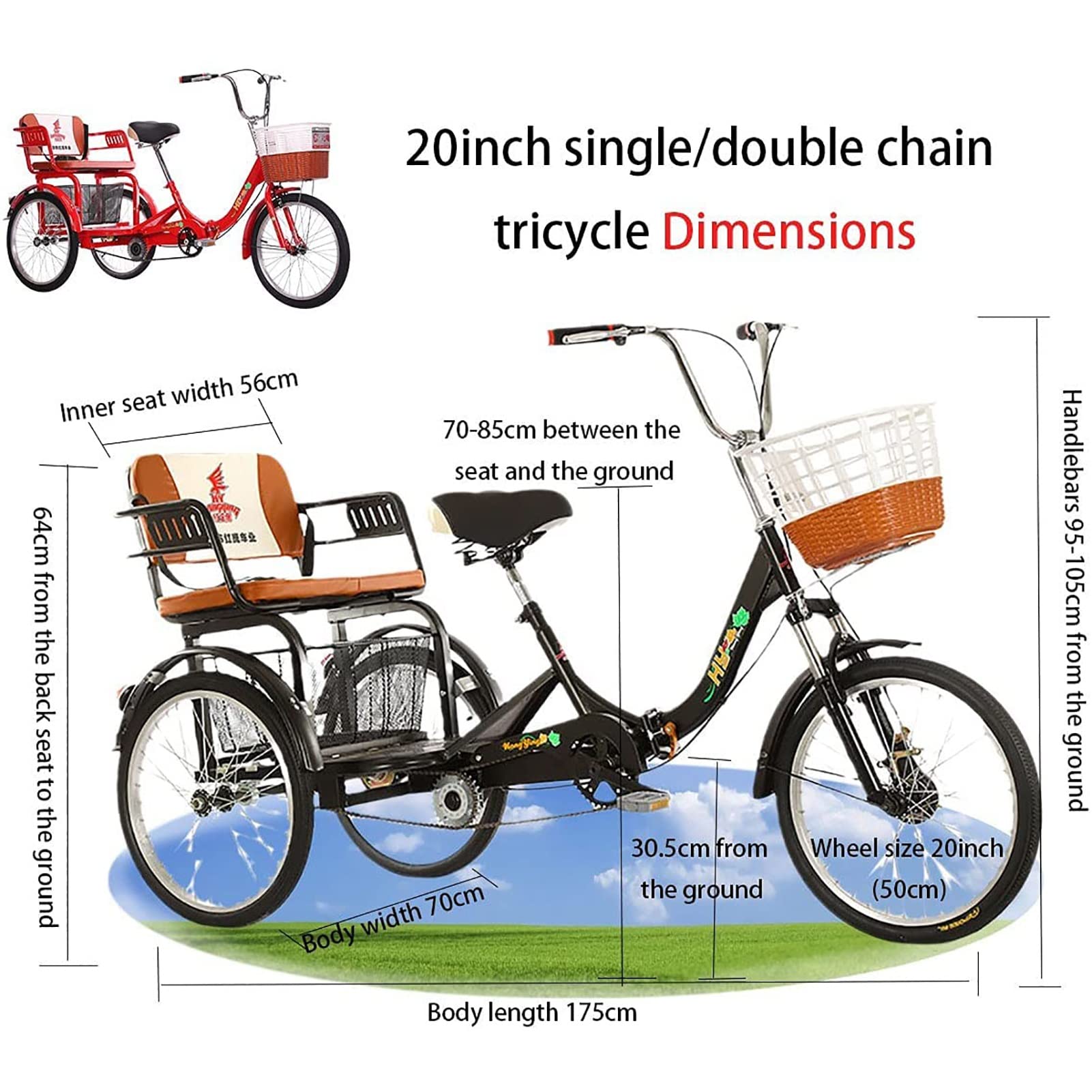 20 Inch Adult Tricycle, Cruiser Bikes Low Step-Through High Carbon Steel Frame, Three Wheel Bikes with Cargo Basket and Trunk for Seniors, Women, Men, (Color : Black)